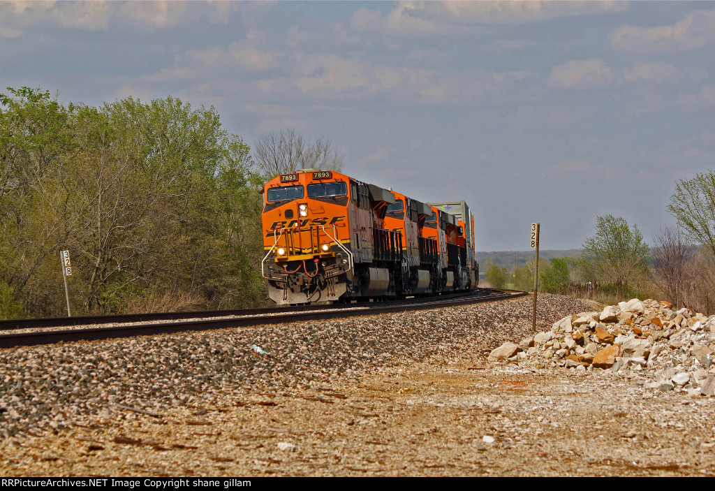 BNSF 7893 Leads a Wb stack train at Mp 328!